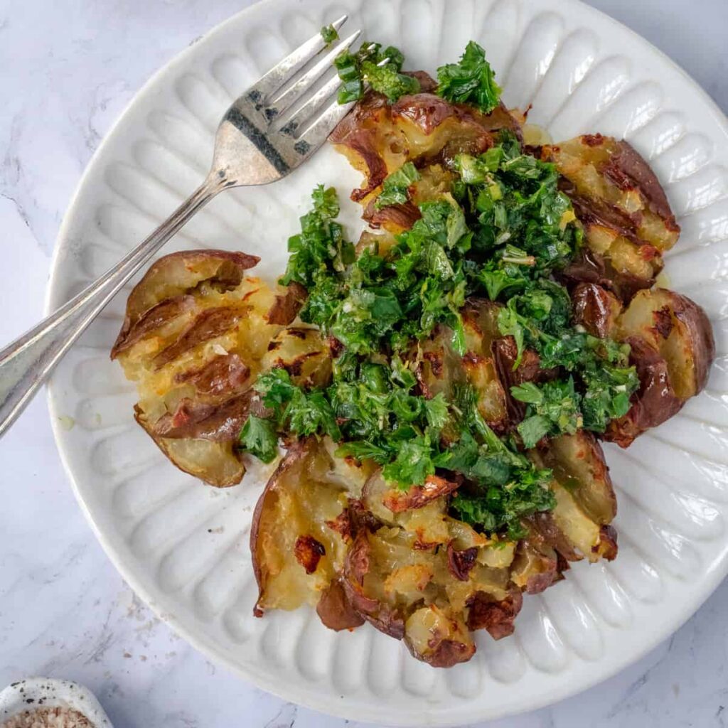 Crispy Smashed Potatoes with Garlic Herbs - Eat Fresh Glow